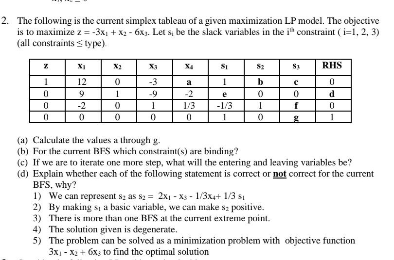 Solved The following is the current simplex tableau of a | Chegg.com