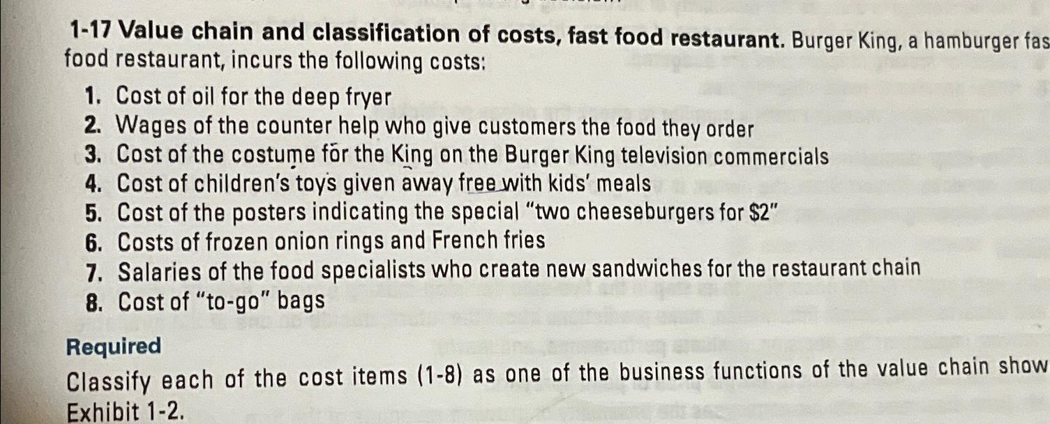 Solved 1-17 ﻿Value chain and classification of costs, fast | Chegg.com