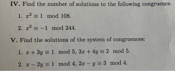Solved IV. Find the number of solutions to the following | Chegg.com