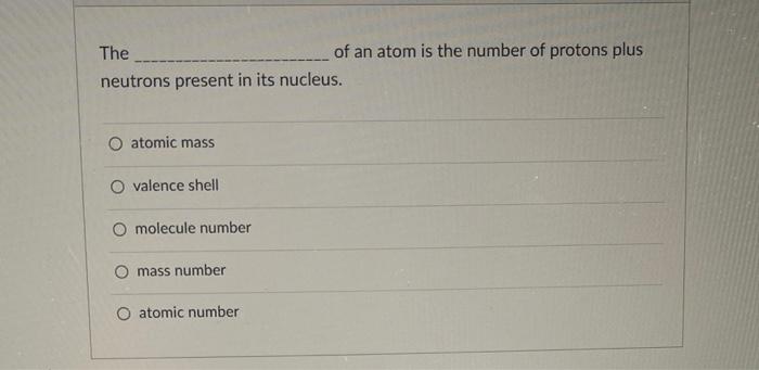 Solved The of an atom is the number of protons plus neutrons | Chegg.com