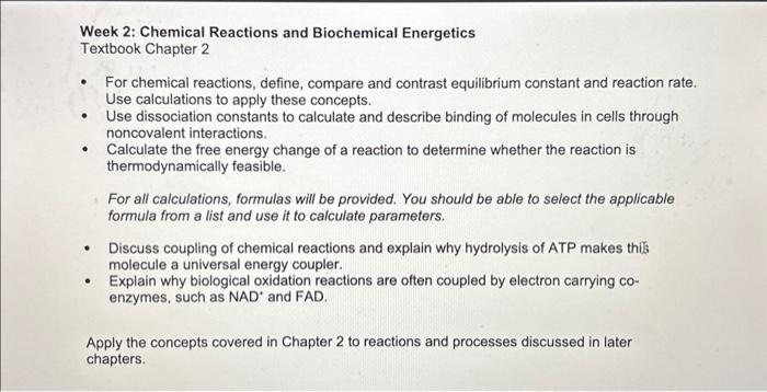 Solved Week 2: Chemical Reactions and Biochemical Energetics | Chegg.com