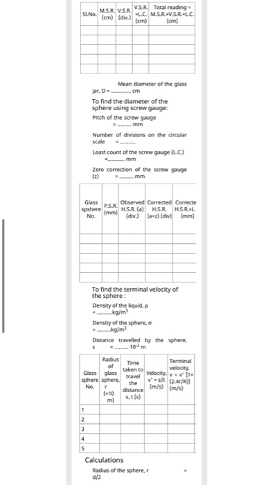 MSR VSR SL.NO (cm) (div.) V.S.R Totalreading XLC. | Chegg.com