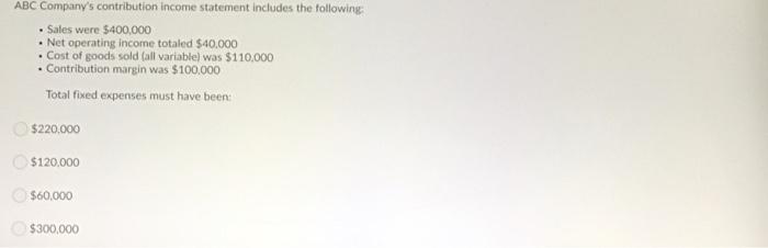 Solved ABC Company's contribution income statement includes | Chegg.com