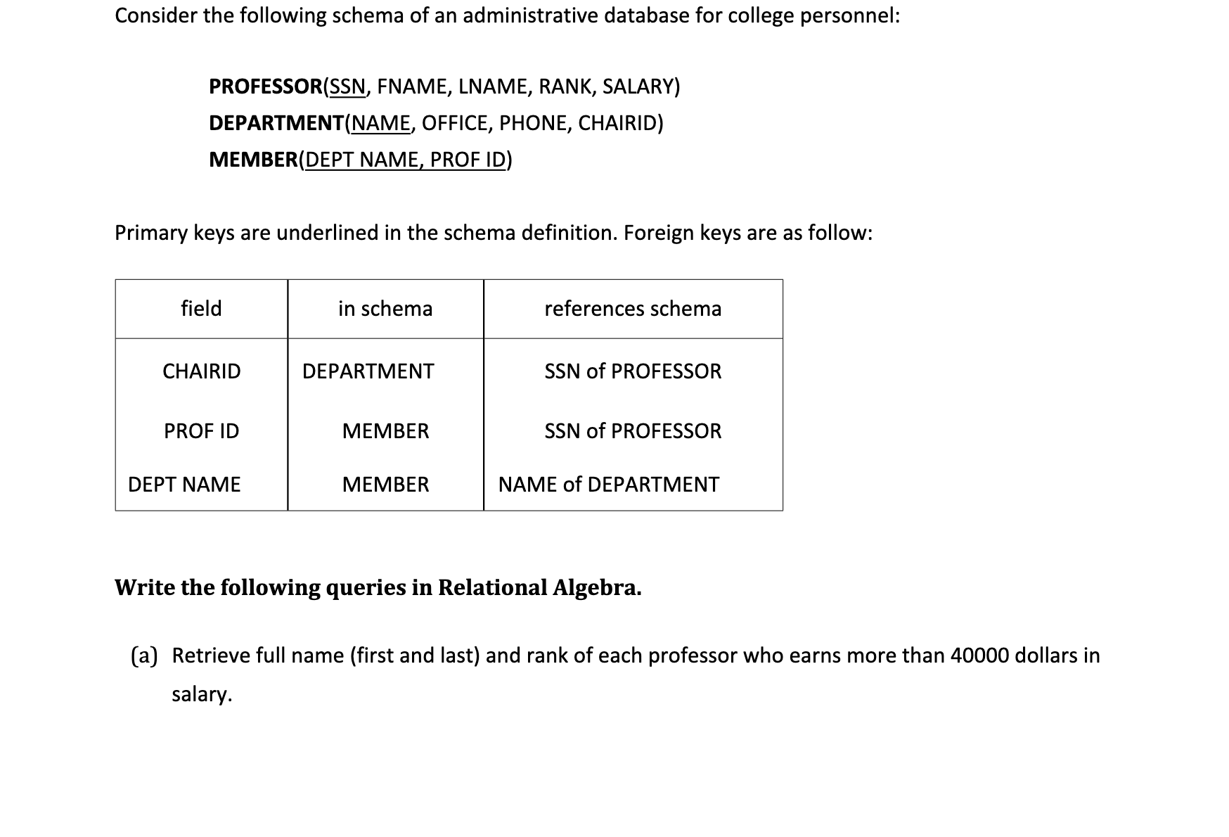 Consider the following schema of an administrative | Chegg.com