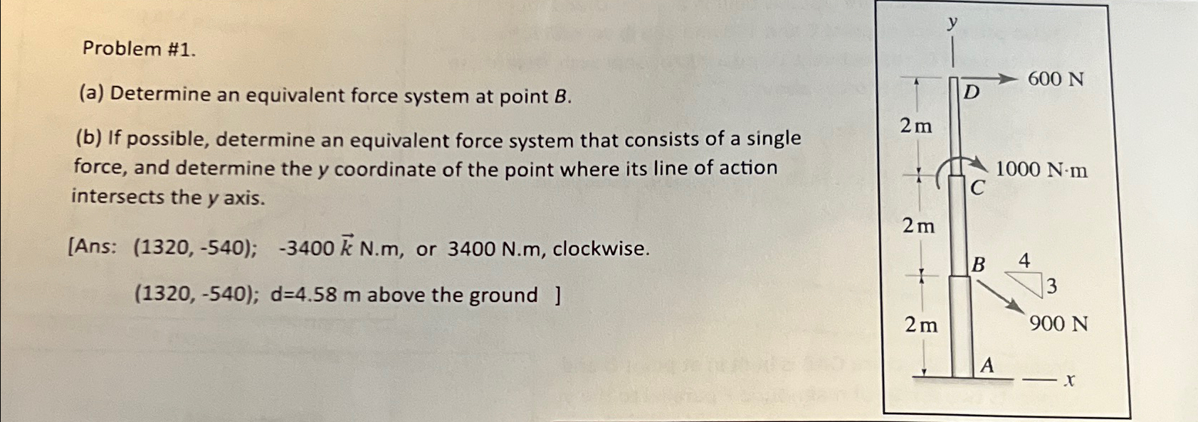 Solved Problem #1.(a) ﻿Determine an equivalent force system | Chegg.com