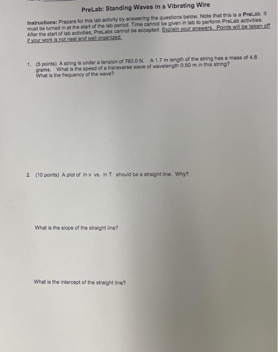 Solved PreLab: Standing Waves in a Vibrating Wire | Chegg.com