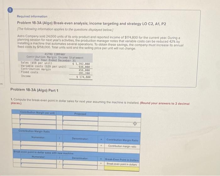 Solved Required Information Problem 18-3A (Algo) Break-even | Chegg.com