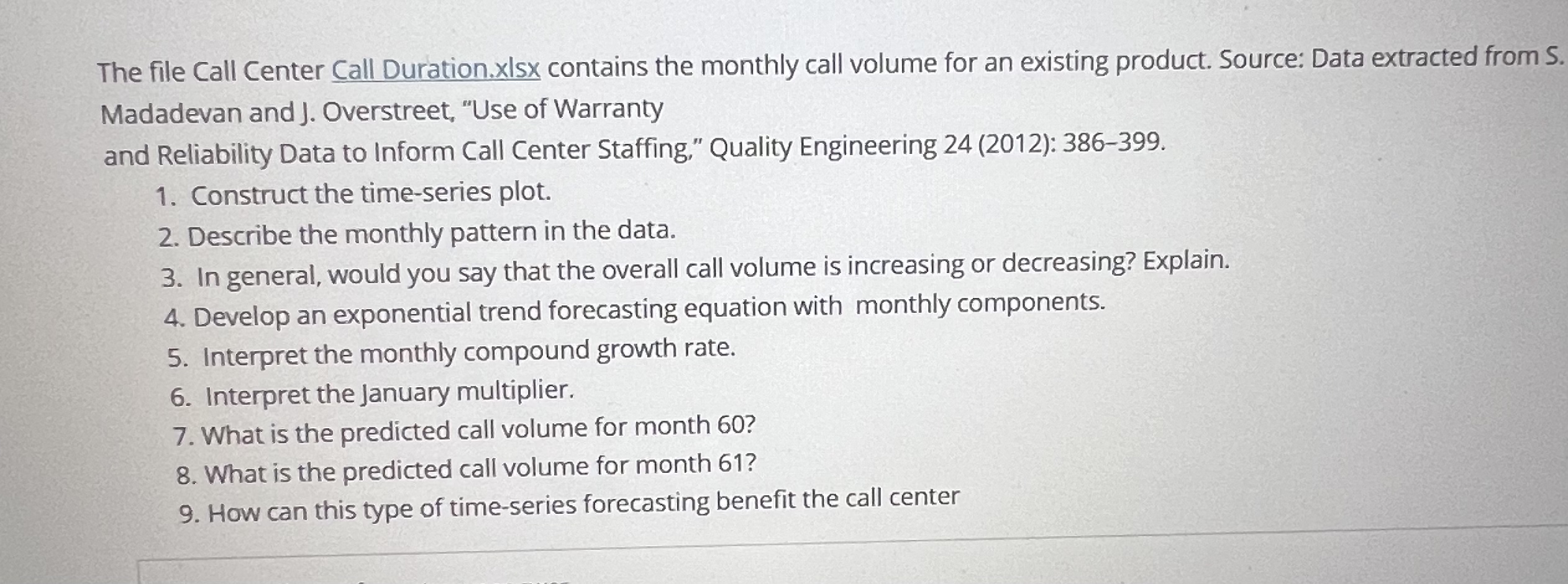 Solved The file Call Center Call Duration.xIsx contains the | Chegg.com
