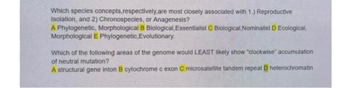 Solved Which species concepts, respectively, are most | Chegg.com
