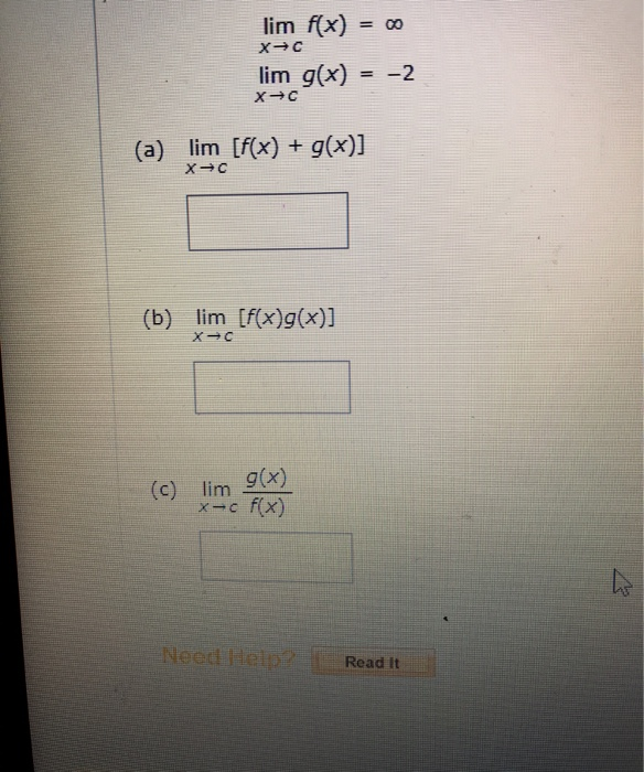 Solved lim f(x) = 0 X-™C lim g(x) = -2 x → (a) lim [f(x) + | Chegg.com
