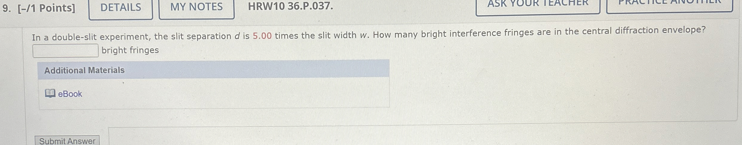 Solved [-/1 ﻿Points] HRW10 36.P.037.In a double-slit | Chegg.com