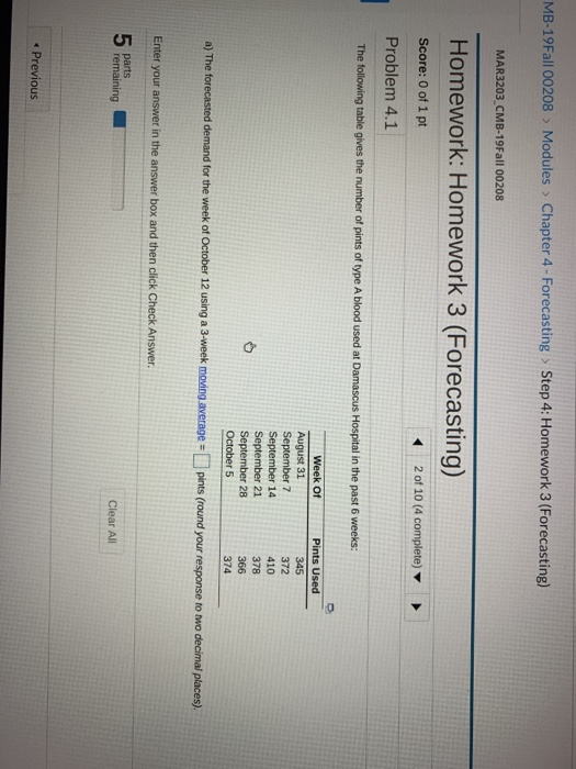 Solved MB-19Fall 00208 > Modules > Chapter 4 - Forecasting > | Chegg.com
