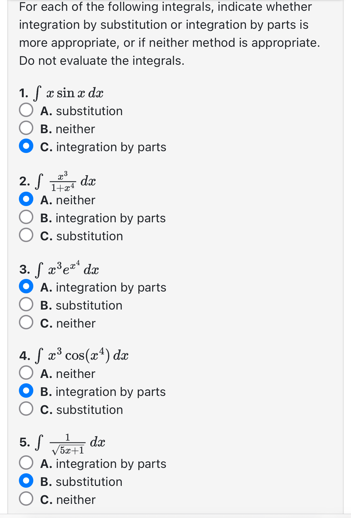 Solved For each of the following integrals, indicate whether | Chegg.com