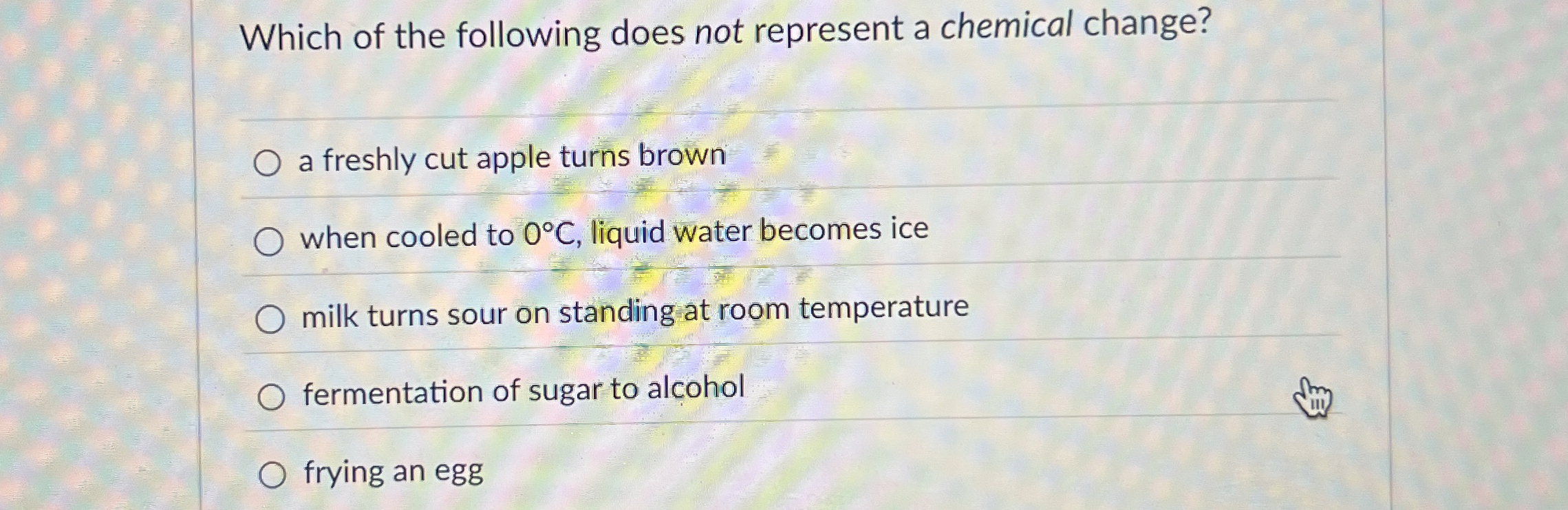 Solved Which of the following does not represent a chemical | Chegg.com