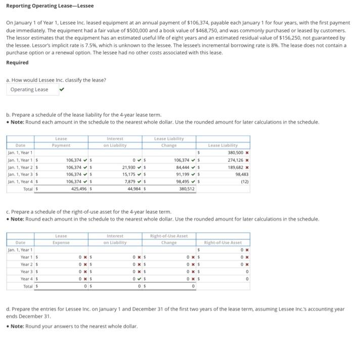 Solved On January 1 of Year 1, Lessee inc. leased equipment | Chegg.com
