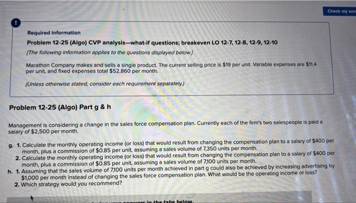 Solved Required information Problem 12-25 (Algo) CVP | Chegg.com
