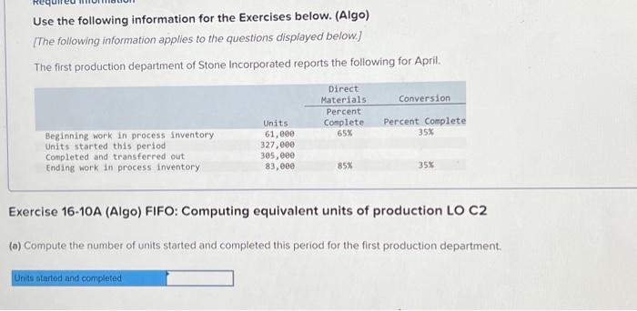 Solved Use the following information for the Exercises | Chegg.com