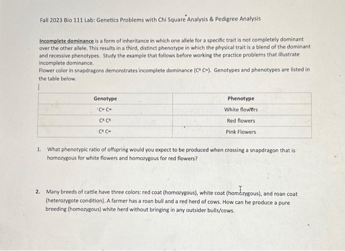 Solved Fall 2023 Bio 111 Lab Genetics Problems With Chi Chegg