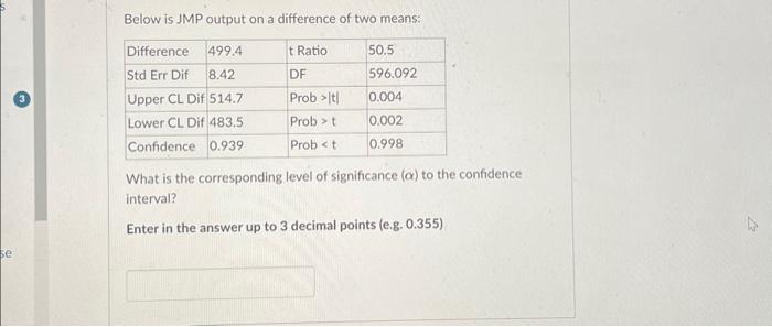 Solved Below is JMP output on a difference of two means: | Chegg.com