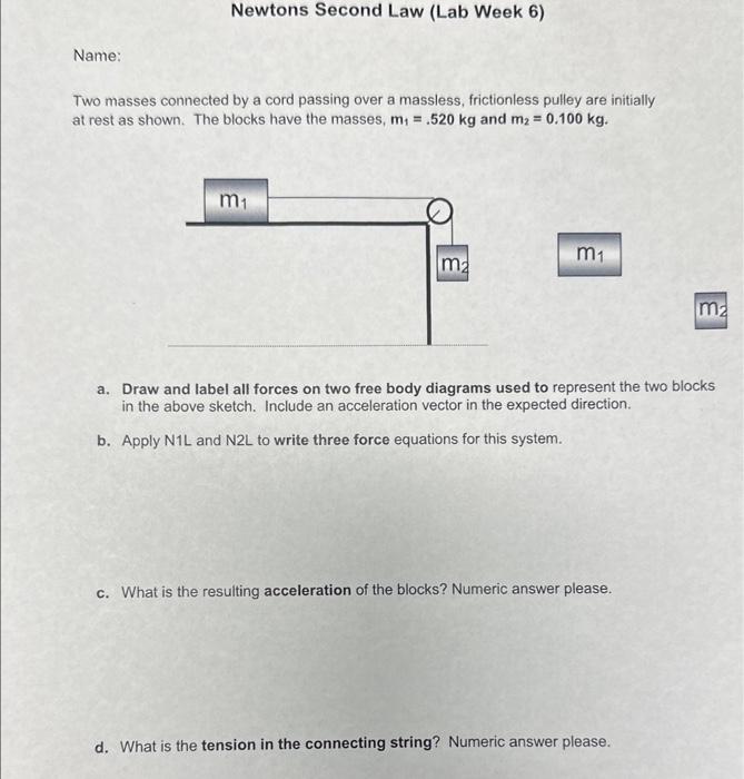 Solved Two Masses Connected By A Cord Passing Over A