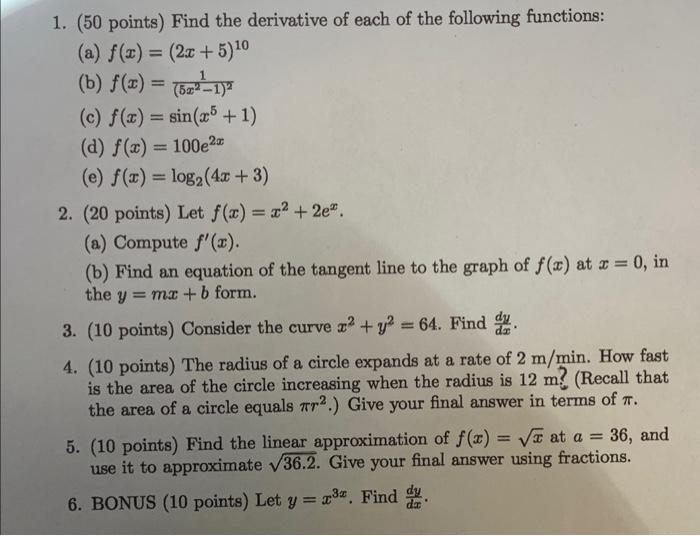 Solved 1. (50 points) Find the derivative of each of the | Chegg.com