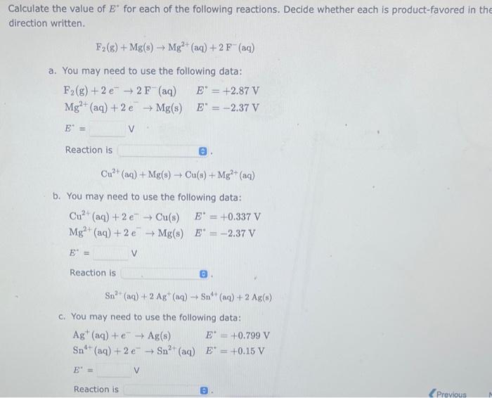 Solved Calculate the value of E' for each of the following | Chegg.com