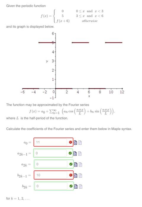 Solved Given the periodic function f(x)=⎩⎨⎧05f(x+6)0≤x and | Chegg.com