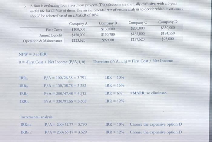 Solved 3. A firm is evaluating four investment projects. The | Chegg.com