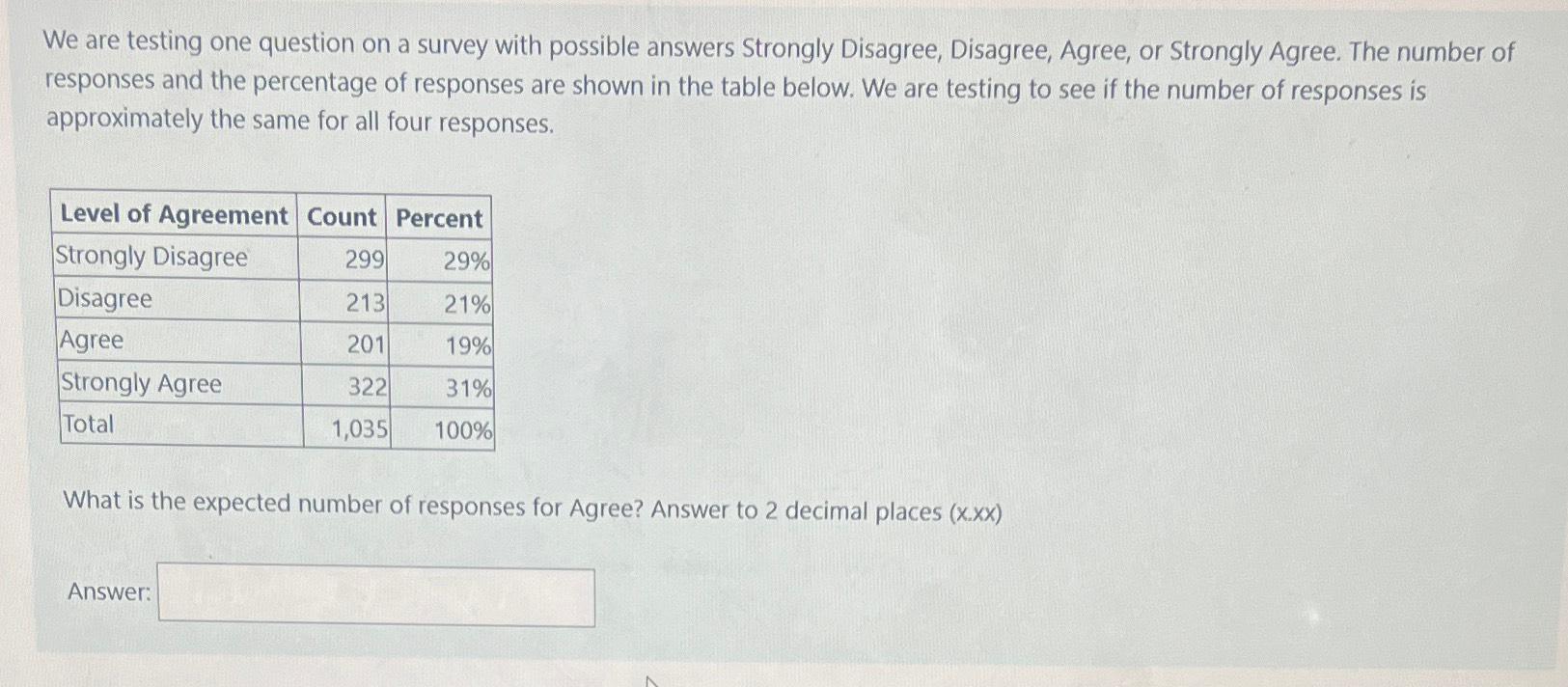 Solved We are testing one question on a survey with possible | Chegg.com