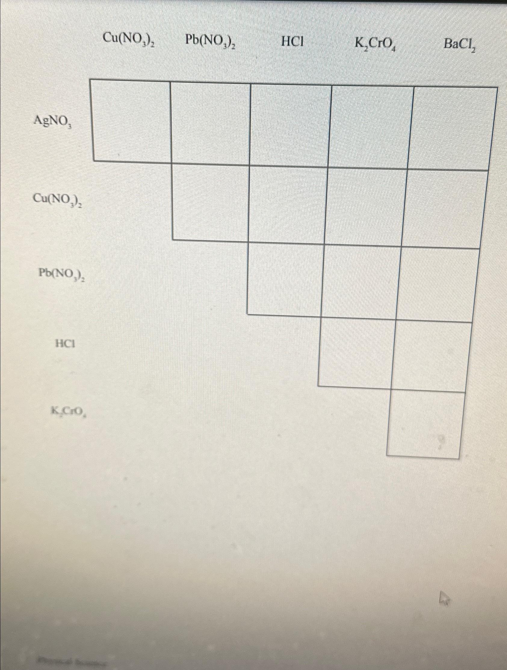 Cu(NO3)2Pb(NO3)2HClK2CrO4BaCl2\table[[,,,,],[AgNO3,,, | Chegg.com