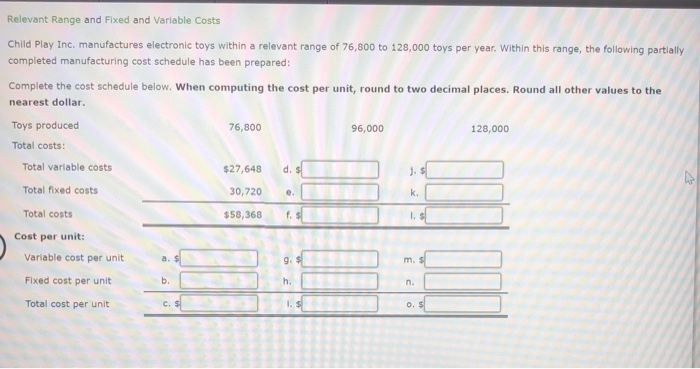 Solved Relevant Range and Fixed and Variable Costs Child | Chegg.com