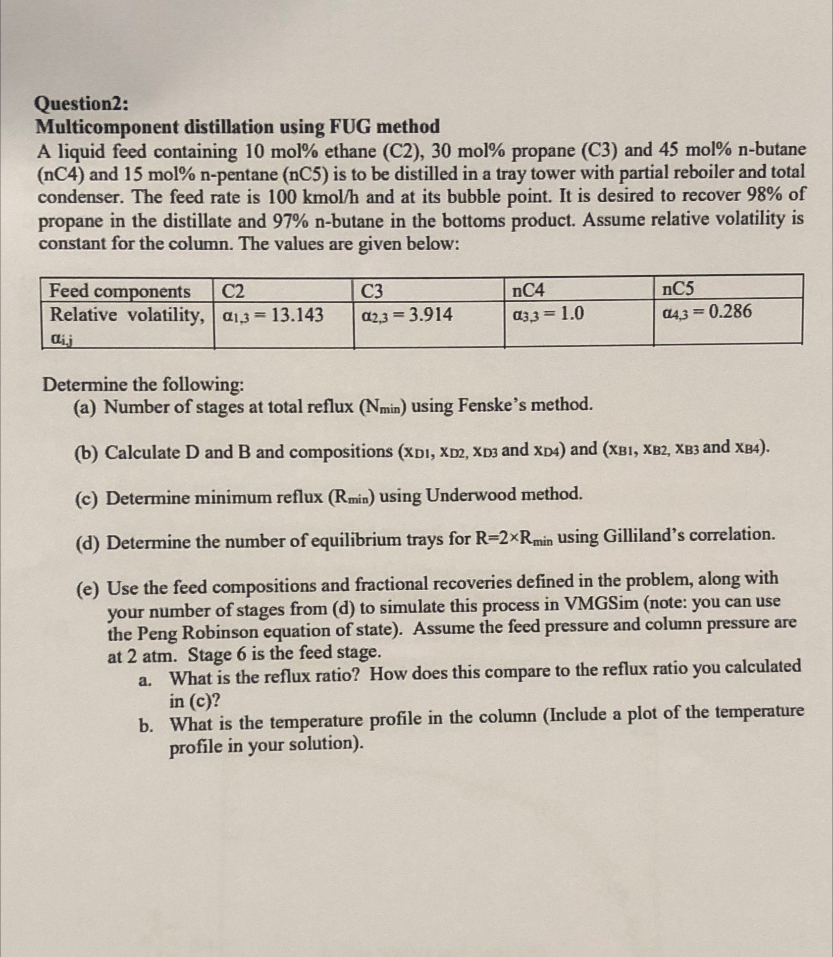 Solved Question2:Multicomponent distillation using FUG | Chegg.com
