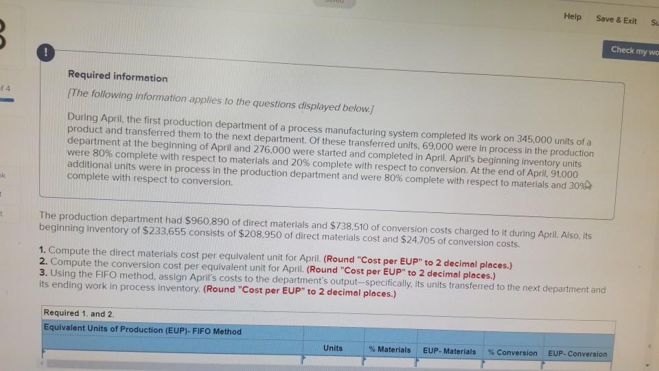 Solved Help Save & Exit SU Check my wo Required information | Chegg.com
