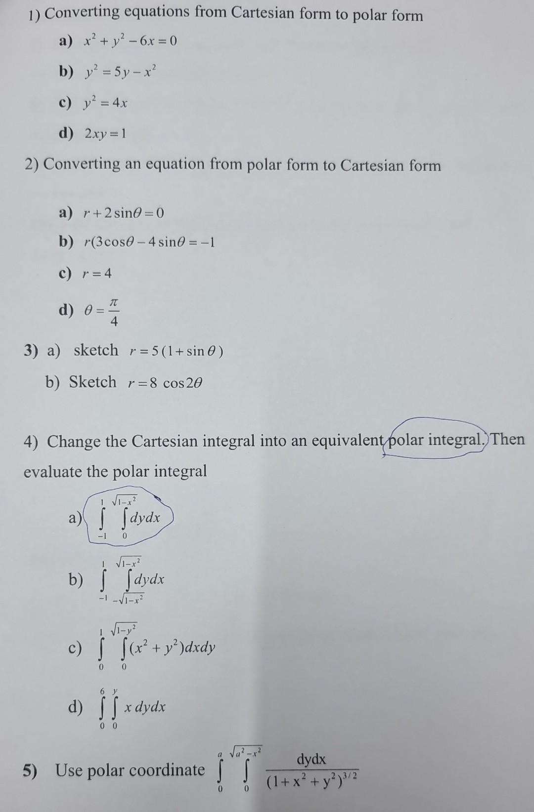 Solved 1) Converting equations from Cartesian form to polar | Chegg.com