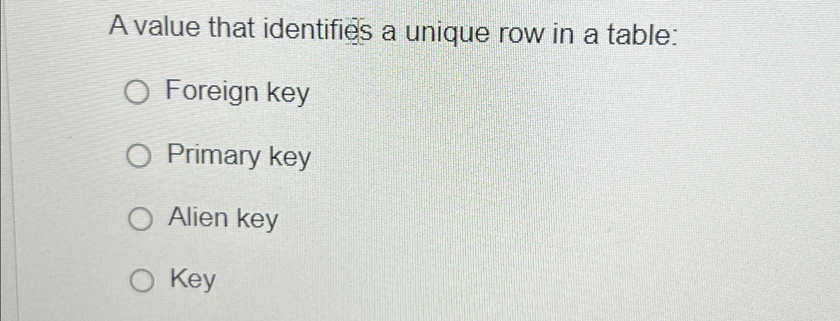 Solved A value that identifies a unique row in a | Chegg.com