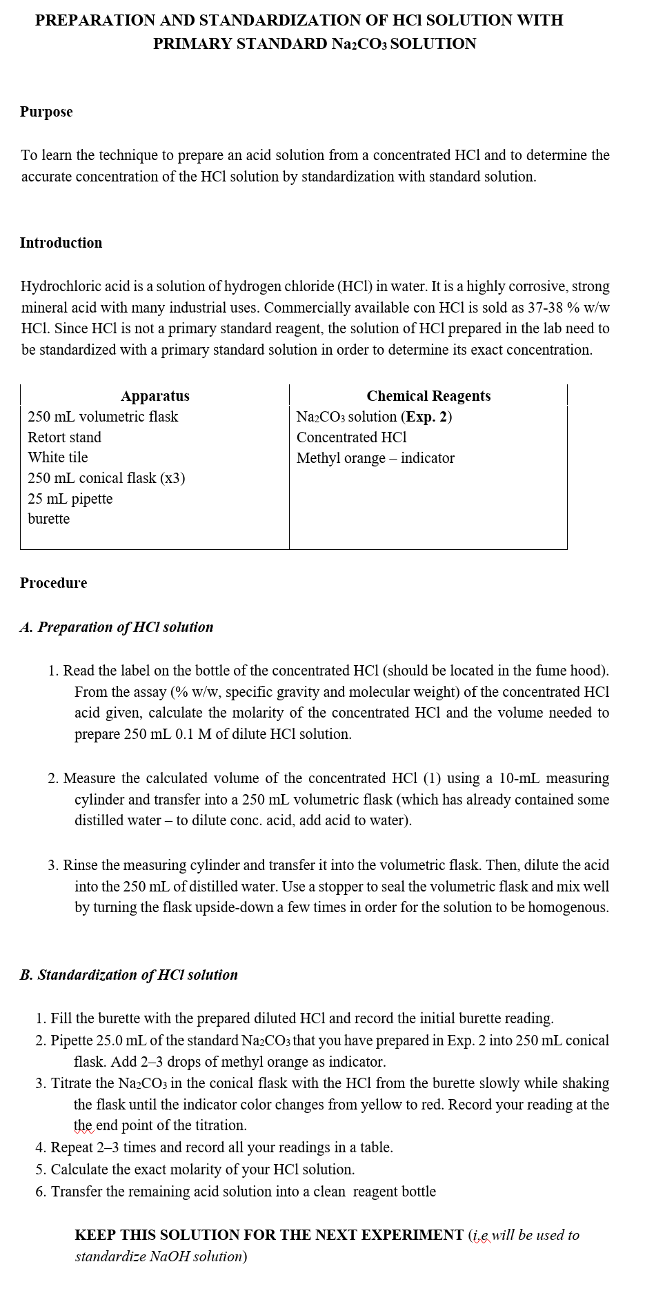 Solved PREPARATION AND STANDARDIZATION OF HCI SOLUTION WITH | Chegg.com