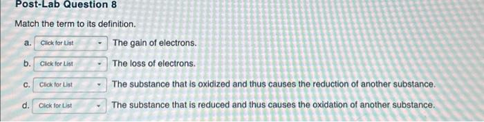 Solved Post-Lab Question 8 Match the term to its definition. | Chegg.com