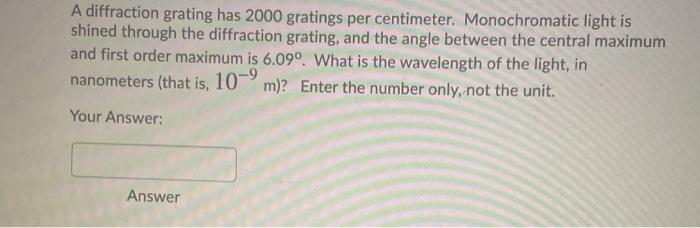 Solved A diffraction grating has 2000 gratings per | Chegg.com