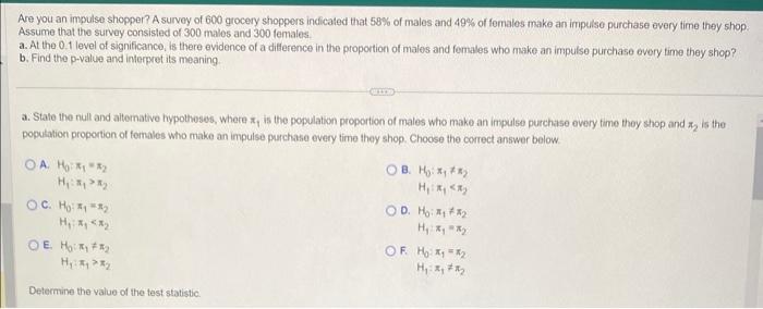 Solved Are you an impulse shopper? A survey of 600 grocery | Chegg.com