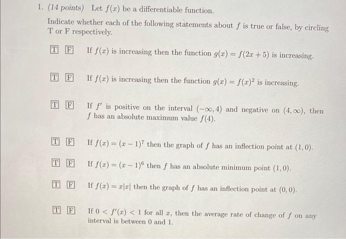 Solved 1. (14 points) Let f(x) be a differentiable function. | Chegg.com