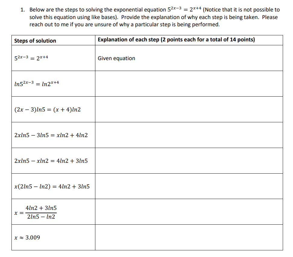 Solved Below are the steps to solving the exponential | Chegg.com