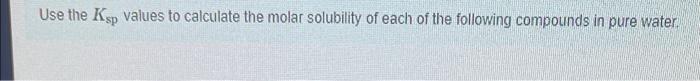 Solved Use the Ksp values to calculate the molar solubility | Chegg.com