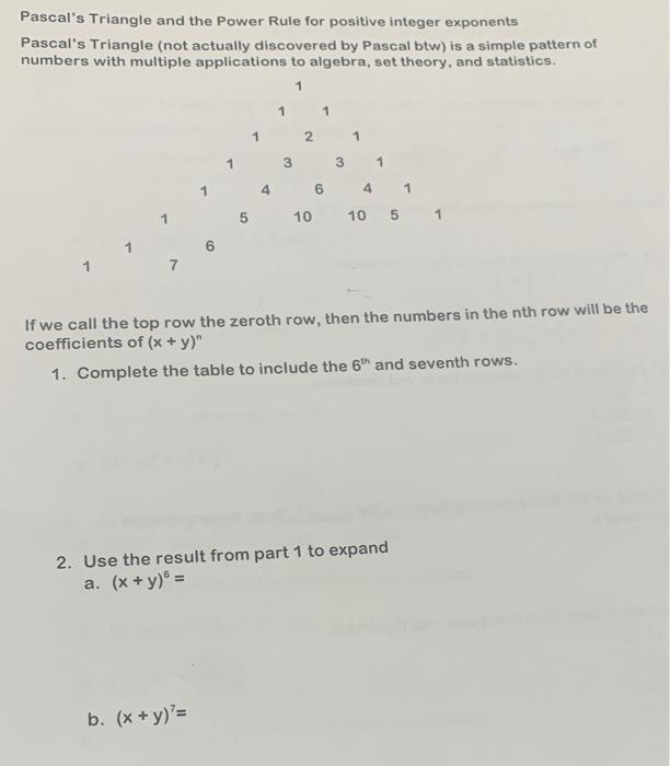 Solved Pascal's Triangle and the Power Rule for positive | Chegg.com