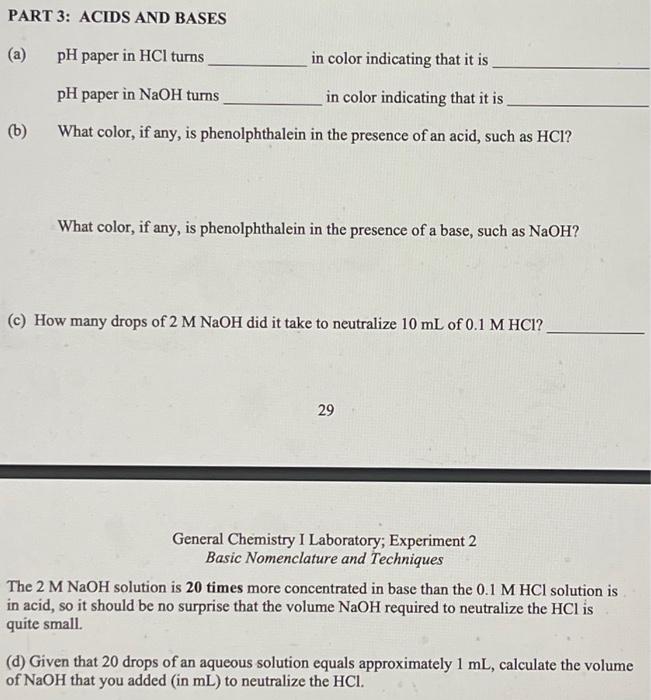 Solved PART 3: ACIDS AND BASES (a) pH paper in HCl turns in | Chegg.com