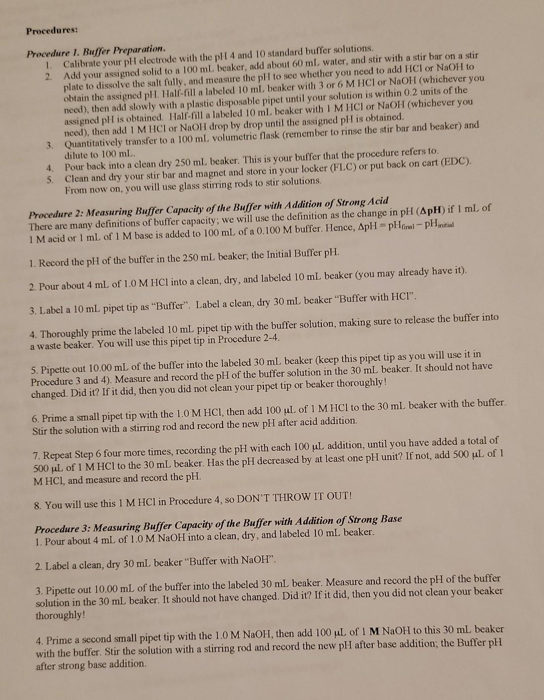 Experiment 6: Buffers Prelab: In addition to a | Chegg.com