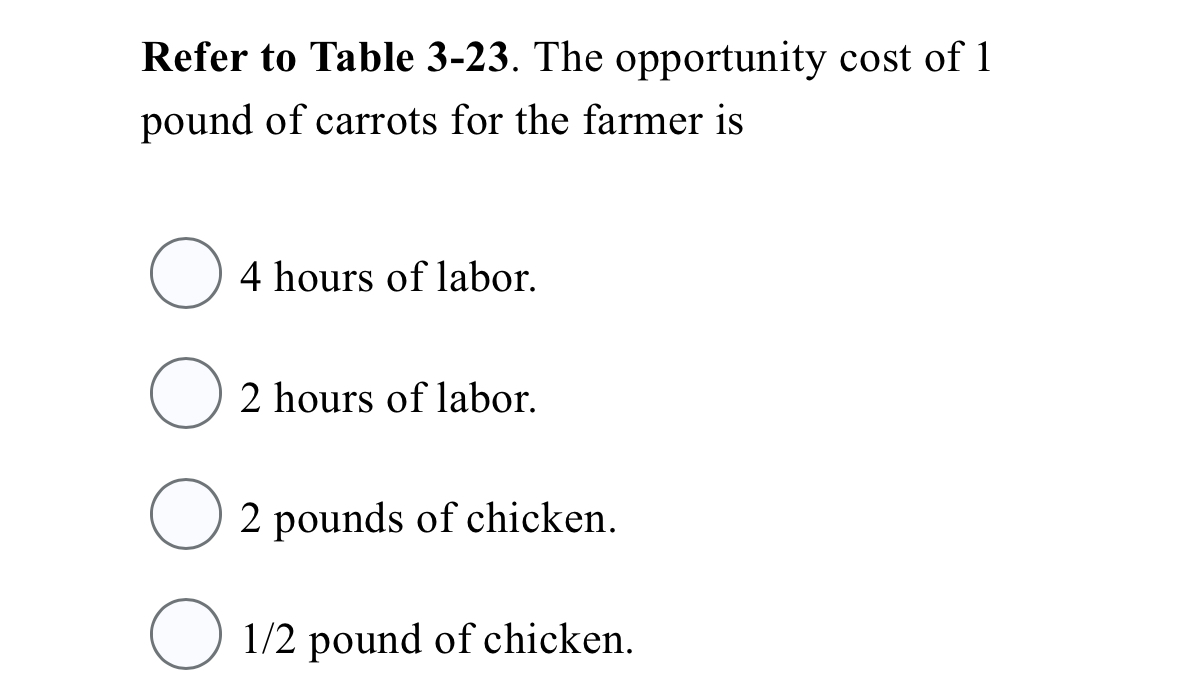 Solved Refer to Table 3-23. ﻿The opportunity cost of 1 | Chegg.com