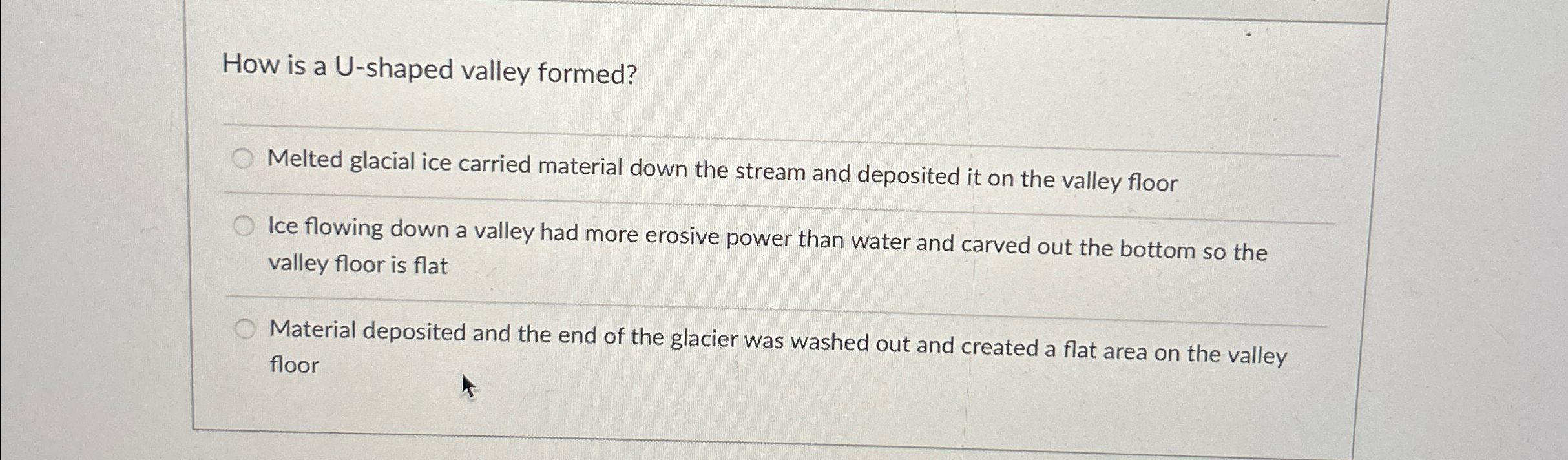 Solved How is a U-shaped valley formed?Melted glacial ice | Chegg.com
