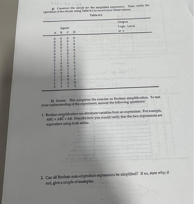 Solved BA+38 g) Construct the circuit for the simplified | Chegg.com