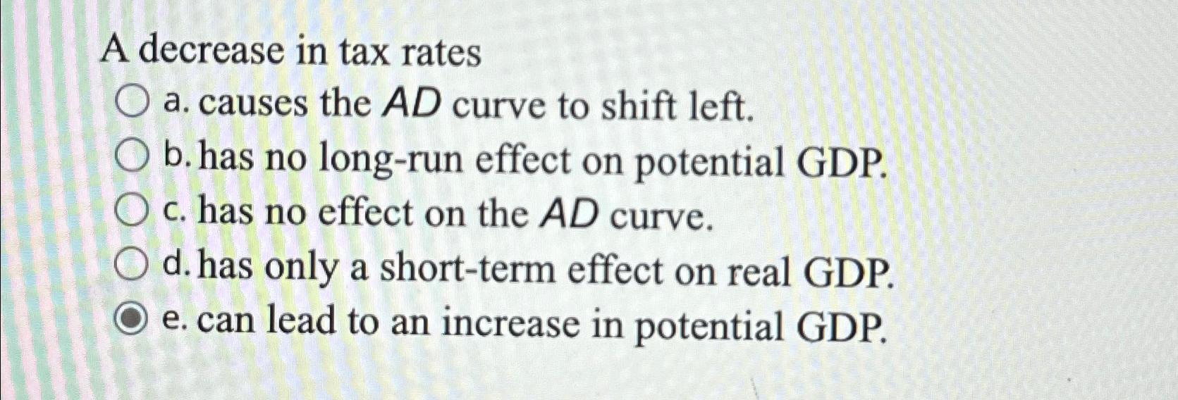 Solved A decrease in tax ratesa. ﻿causes the AD ﻿curve to | Chegg.com