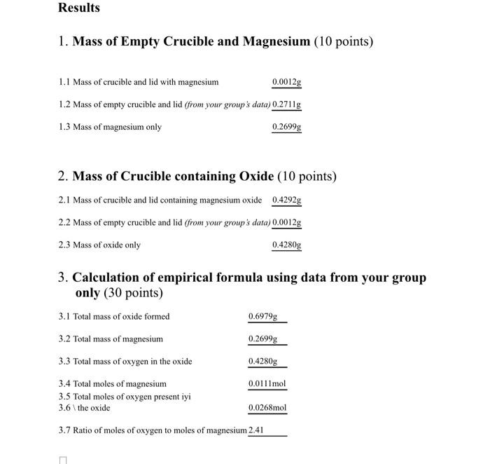 Solved 1. Mass of Empty Crucible and Magnesium (10 points) | Chegg.com